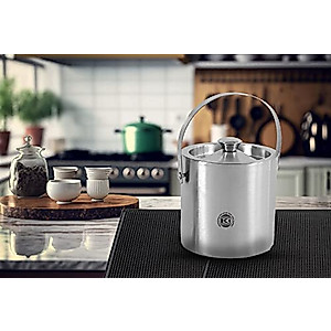 Ice Bucket With Lid, Insulated Black Ice Bucket for Cocktail Bar with Ice Tong, Double Walled Stainless Steel, 1.75 L, 1.84 Quarts, Ice Cold For 6 h with Handle (Silver)