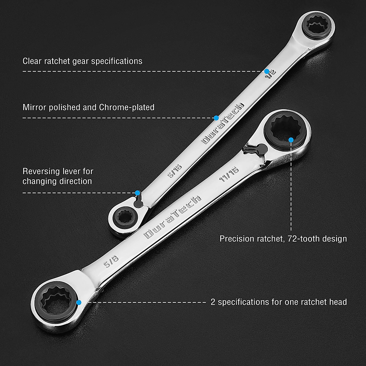 DURATECH Reversible Ratcheting Wrench Set, 4 in 1 Double Box End Wrench Set, SAE, 2-piece, 5/16, 3/8, 7/16, 1/2 & 9/16, 5/8, 11/16, 3/4-Inch, CR-V Steel, Mirror Polished, with Rolling Pouch