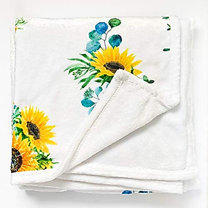 Sunflower Blanket Throw by Little Hill Home - Sunflower Throw Blanket with Greenery - 60"x60" Sunflower Throw Blankets - Super Soft Fleece Plush White Sunflower Blankets for Women Sunflower Gifts