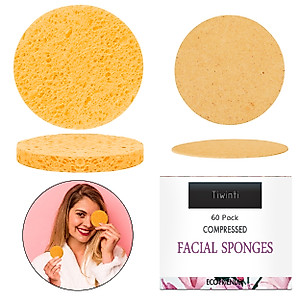 TiwinTi 60 Count Compressed Facial Sponges - Natural Wood Pulp Round Esthetician Face Sponges for Cleansing, Daily Face Washing, Exfoliating Makeup, and Mask Removal (Yellow)