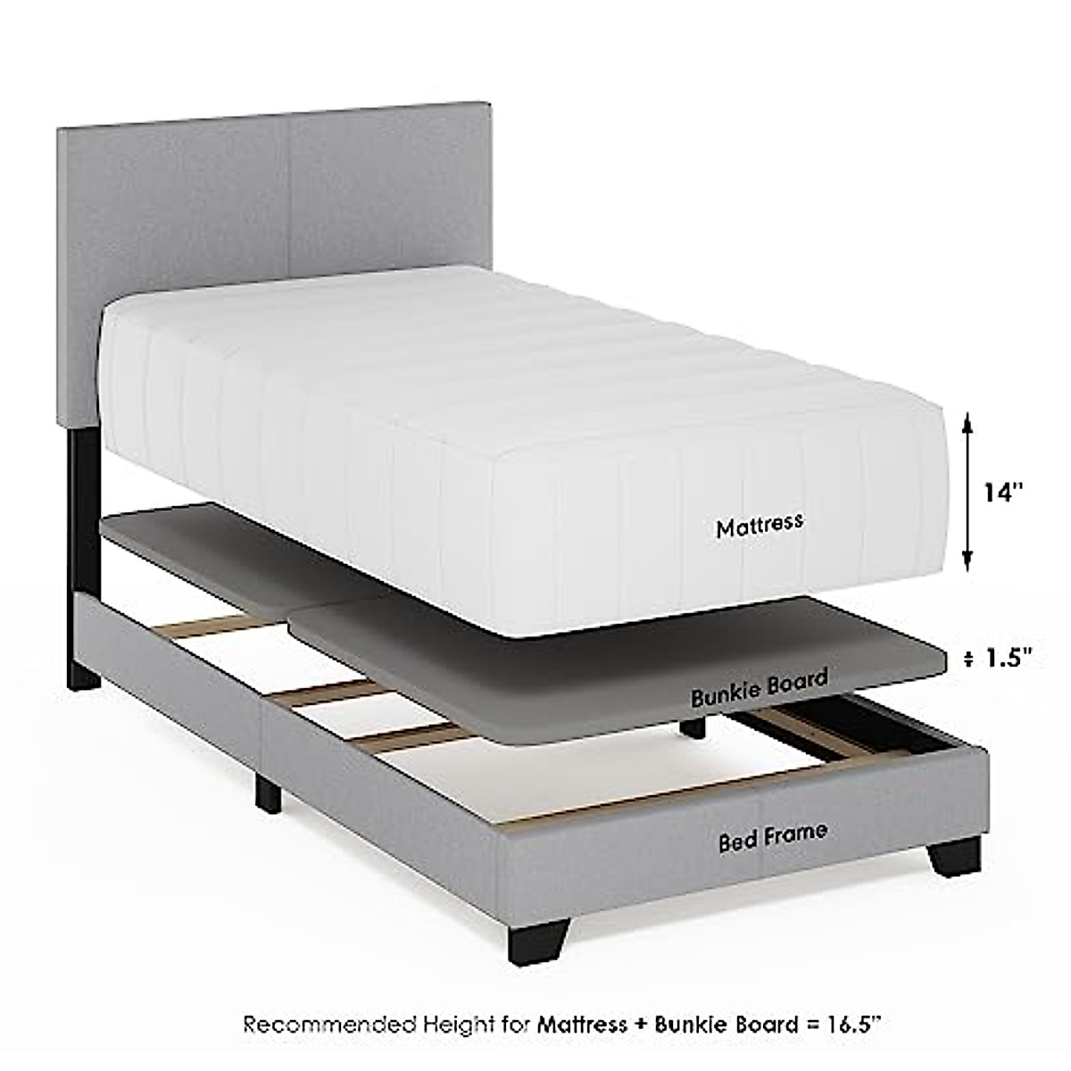 Furinno Pessac Fabric Upholstered Bed Frame with Wooden Slat Support, Twin, Glacier