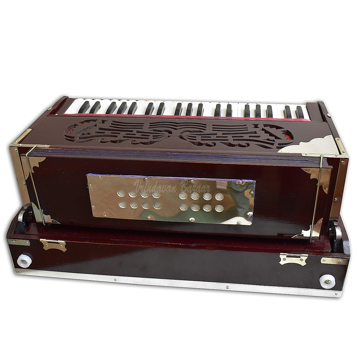 VRINDAVANBAZAAR.COM Deluxe Portable Harmonium, Dark Mahogany, 2 Reeds, 3.5 octaves
