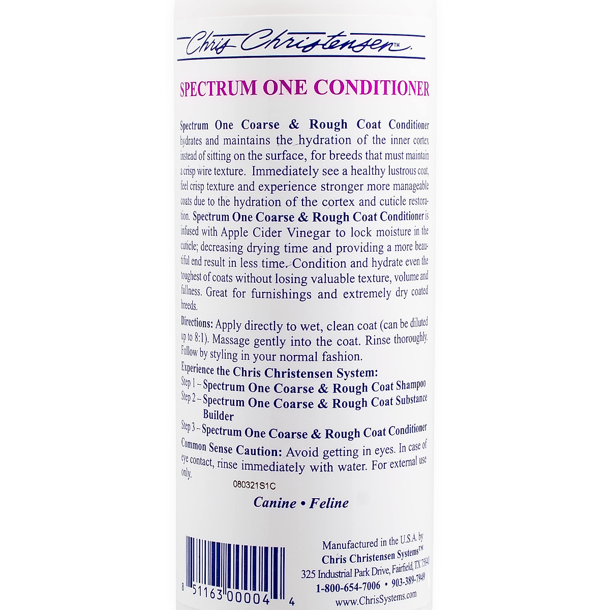 Chris Christensen Spectrum One Dog Conditioner, Coarse and Rough Coat, Groom Like a Professional, Repairs and Protects, Maintains Inner Cortex Hydration, Made in The USA, 16 oz