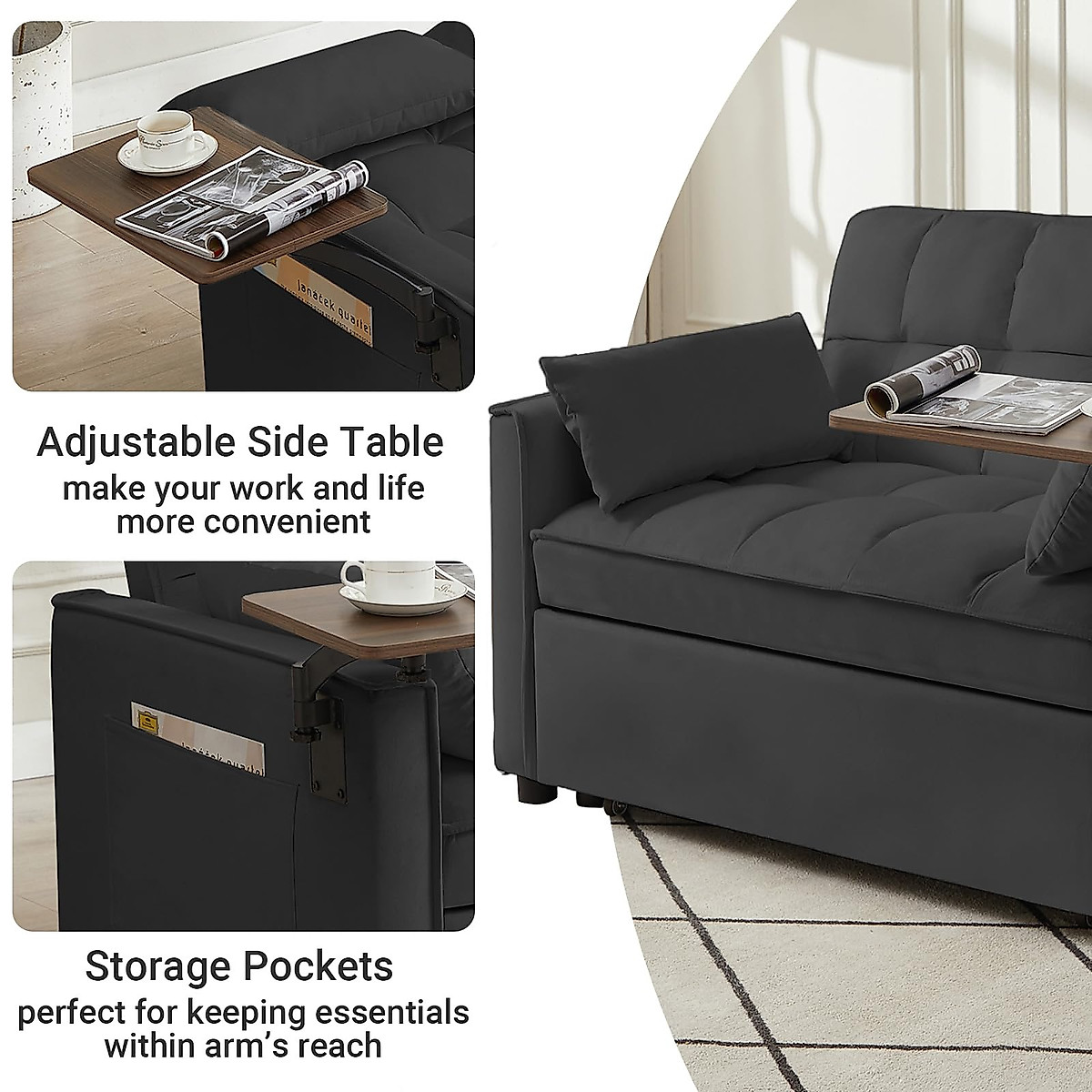 Rovibek 3 in 1 Convertible Sleeper Sofa Bed Loveseat Pull Out Couch Bed 55 Inch Velvet Futon Couch Lounge with Side Table, Reclining Backrest, Pillows, Pockets, Furniture for Living Room