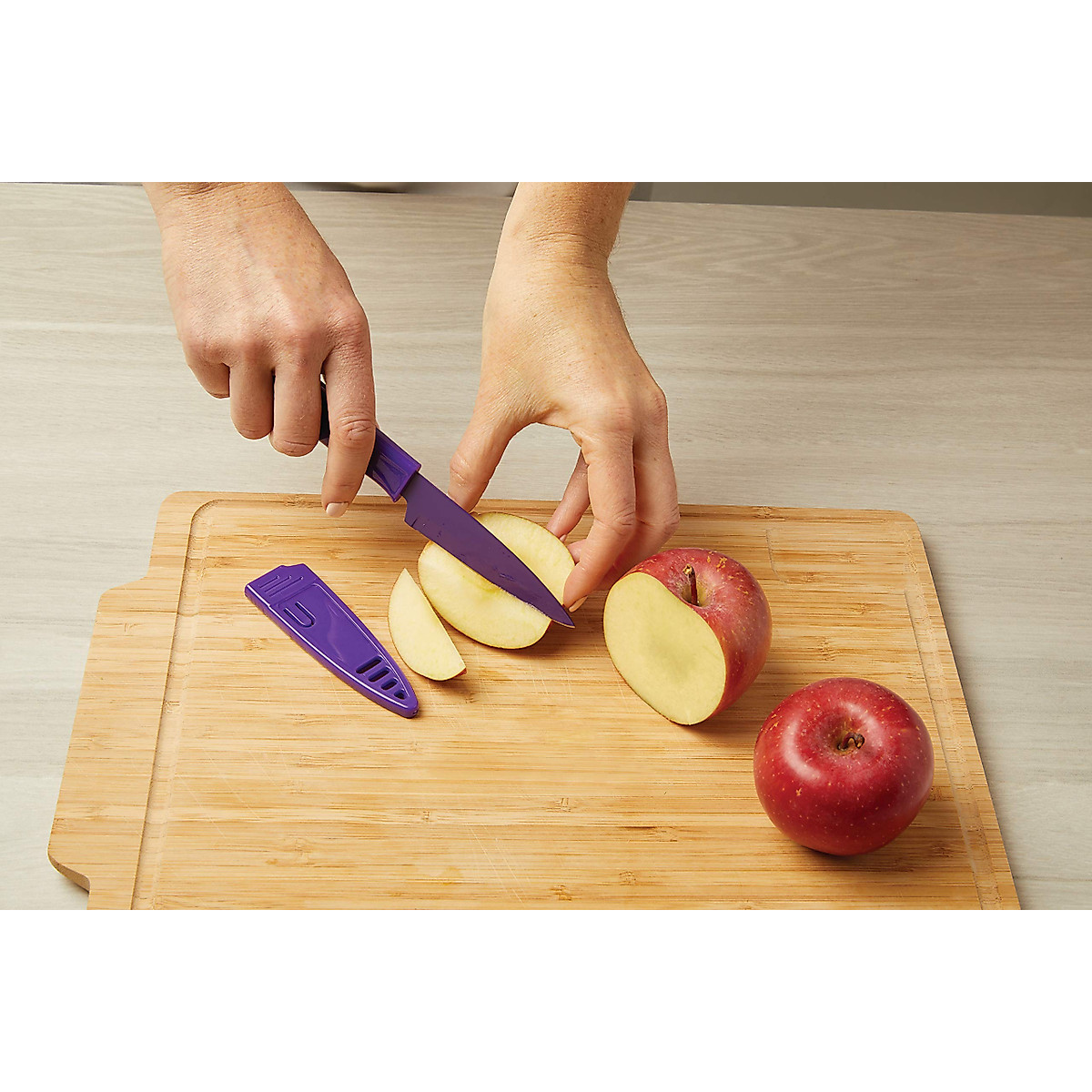 Kuhn Rikon Colori Non-Stick Straight Paring Knife with Safety Sheath, 4 inch/10.16 cm Blade, Sea Salt