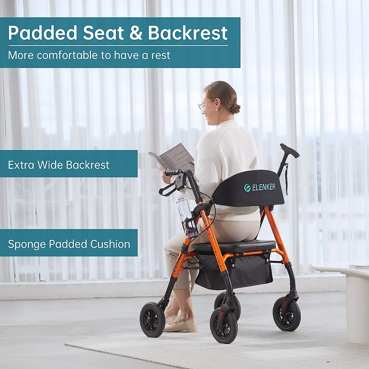 ELENKER All-Terrain Rollator Walker with 8” Non-Pneumatic Wheels, Sponge Padded Seat and Backrest, Fully Adjustment Frame for Seniors, Orange