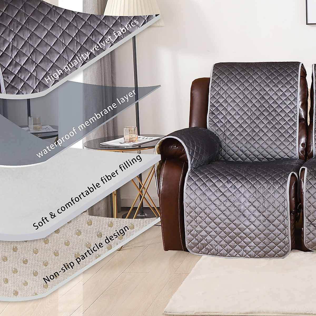 LUFEIJIASHI Non Slip Recliner Couch Covers for 3 Cushion Couch Sofa Reclining, Waterproof Recliner Sofa Covers 3 Seat, Velvet Reclining Couch Covers for Furniture Protector for Dogs Pets Dark Grey
