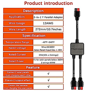 KarlKers Anderson Y Splitter High Power Pole Port Connector Combiner Cable with Reverse Current Protection Charge Portable Power Station Compatible with Goal Zero Jackery Anderson Powerpole Connector