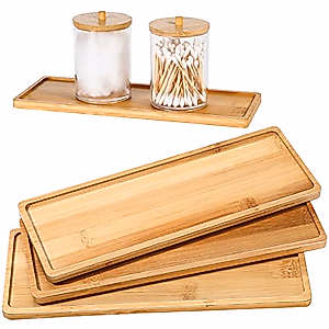 Bamboo Tea Serving Tray 3 Pcs Decorative Multi Use Bathroom Rounded Edges Vanity Tray for Dresser Counter Food, Coffee, Snack, Tissues Candles, 11 x 4 Inch