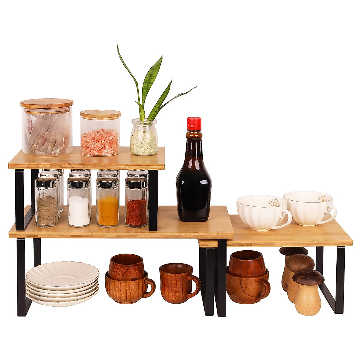 Kitchen Countertop Organizer Corner Shelf by Beardo,2 Tier Spice Rack Bamboo Counter Storage Shelves For Coffee Table, Desk Space Saving