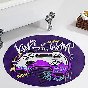 HoaMoya Cool Game Joystick Round Area Rug Purple Game Doodle Circle Rug Carpet Large Circular Rugs Non-Slip Mat for Kitchen Living Room Bedroom Decoration 90 * 90cm