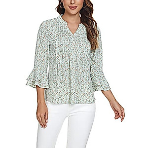 olrain Womens Summer Floral Printed V-Neck Swing Tunic 3/4 Bat Wing Short Sleeve Chiffon Tops Blouse Shirts (Light Green, X-Large)