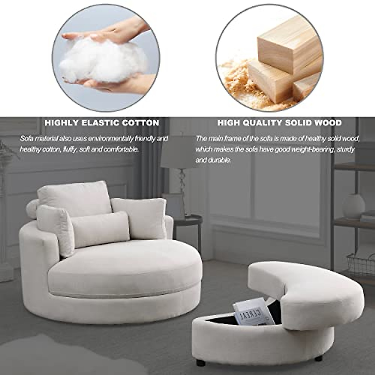 Swivel Accent Barrel Chair with Storage Ottoman,Comfy Teddy Upholstered 360° Recliner Sofa Club Chaise Leisure Round Lounge Armchair Singel Lazy Sofá Arm Chairs and Footrest Set for Living Room/Hotel