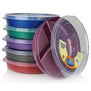 Paragon Microwave Food Storage Tray Containers - 3 Section/Compartment Divided Plates W/Vented Lid, Set of 6