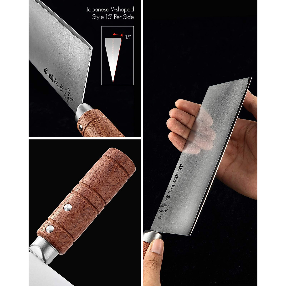 HEZHEN 7" Cleaver Knife, Composite Steel Chinese Kitchen Chef Knife, Clad Steel Butcher Knife, Padauk Wood Handle