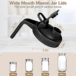 Mason Jar Pour Spout Lid for Wide Mouth Mason Jars, Plastic Flip Cap Lids for Mason Jars, Airtight Lid With Handle, Leak Proof and Durable, Pack of 2, Black