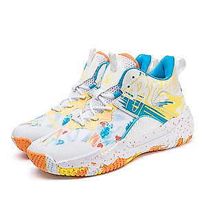 WURTON Women Men Basketball Shoes Fashion Running Sneakers Graffiti Style Sport Shoes Low-top Lace-up Breathable Combat Shoes White Orange