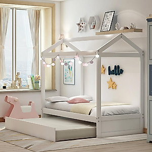 Merax Twin House Bed with Trundle, Twin Size Wooden House Bunk Bed with Support Legs, Can be Decorated for Girls, Boys (White)