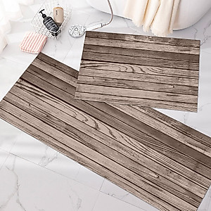 GUBIYU Set of 2 Kitchen Rugs and Mats Country Wooden Kitchen Rugs Washable Rustic Floor Planks Brown Wood Textures Bathroom Rugs Runner Farmhouse Style Walnut Oak Grain Decorative Kitchen Floor Decor