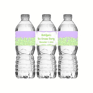 Ice Cream Party, Personalized Water Bottle Labels, Baby Sprinkle Favors, Pack of 25 Peel and Stick Waterproof Wrappers (Purple/Green)