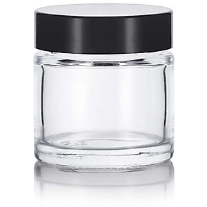 1 oz / 30 ml Clear Thick Wall Glass Straight Sided Jar with Black Smooth Lids (12 Pack) Airtight, Smell Proof