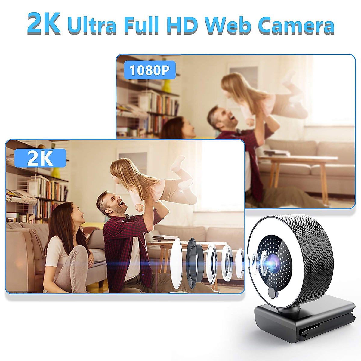 Streaming Webcam with Microphone & Ring Light 2K HD Web Cam with Cover,Stand for PC/MAC/Laptop/Desktop, Wide Angle Web Cameras for YouTube,Skype,Zoom,Xbox One,Video Calling,Studying and PS4