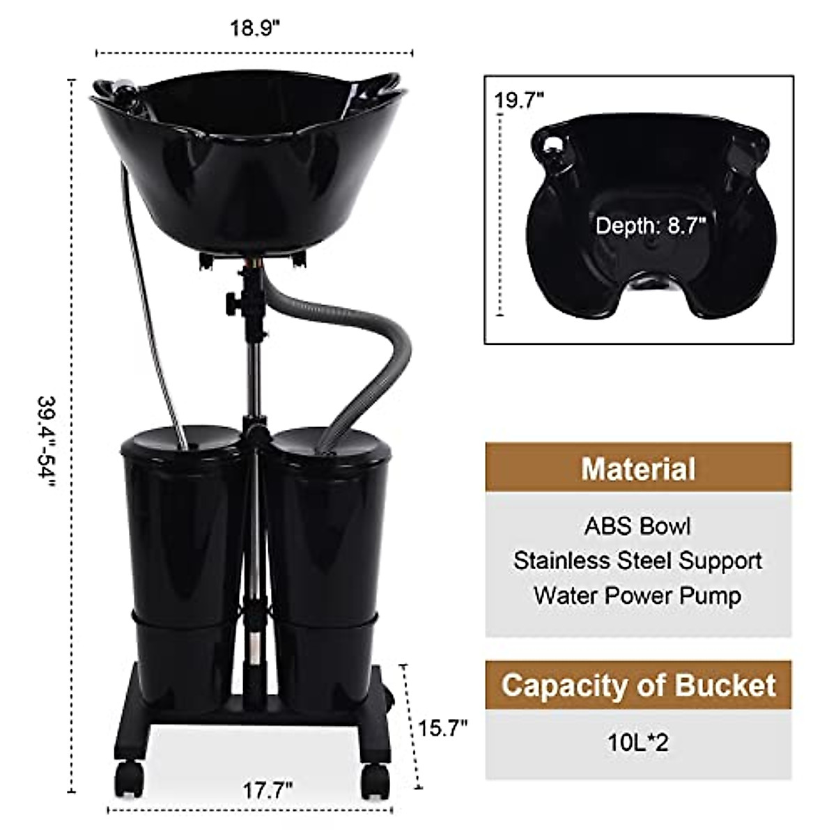 Paddie Portable Shampoo Bowl with Electric Pump and 2 Water Tanks, Portable Hair Washing Sink with Sprayer for Salon Home, Black