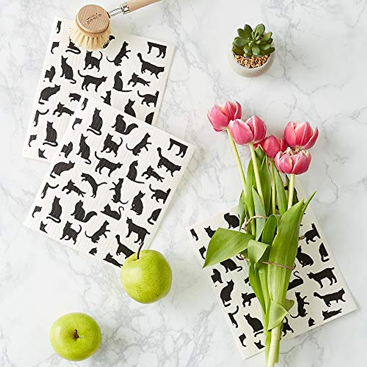DII Swedish Dishcloths for Kitchen & Cleaning, Reusable, Machine Washable & Dishwasher Safe, Biodegradable, 7.75 x 6.75, Cats, 3 Piece
