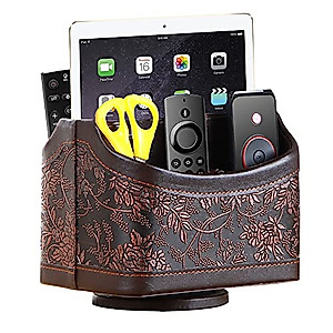 YAPISHI Antique Leather Remote Control Holder, 360 Degree Spinning Desk TV Remote Caddy/Box, Bedside Table Organizer for Controller, Media, Calculator, Mobile Phone and Pen Storage