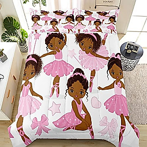 SIRDO Twin Bedding Sets for Girls, African American Magic Comforter Set with Ballet Dancer, Pink Bed Set for Toddler Kids Teens, Little Girls Bedroom Decor