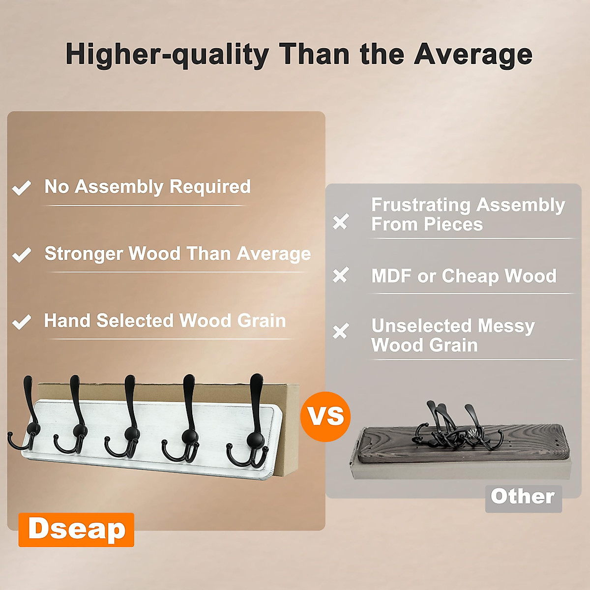 Dseap Coat Rack Wall Mounted - 5 Tri Hooks, Heavy Duty, Wooden Wall Coat Hanger Coat Hook for Clothes Hat Jacket Clothing, Natural & Black, 2 Packs