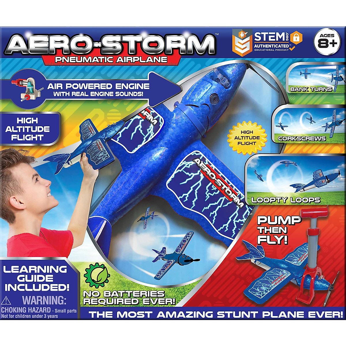 Top Secret Toys Aero-Storm Aerobatic Toy Stunt Plane (Blue) with Air Powered Engine, High Flying Trick Airplane, Propeller Powered by Hand Pump Pressurized Air, STEM Toy for Kids, Boys, Girls Ages 8+