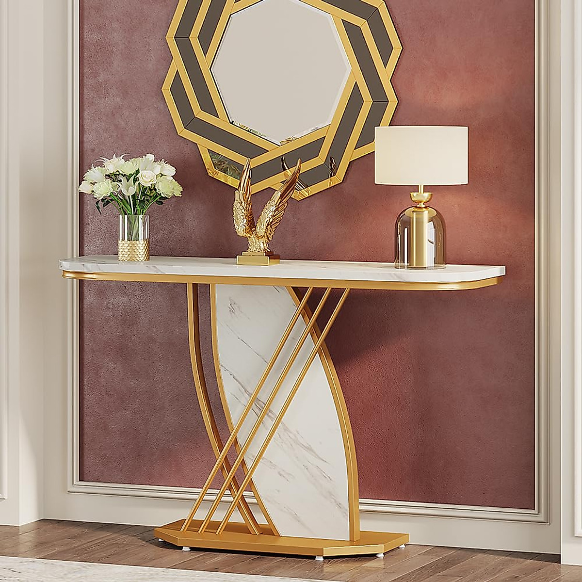 Tribesigns Gold Entryway Table, Modern Console Table, Half Moon Entry Table with Geometric Metal Legs, Faux Marble Narrow Sofa Table Hallway Table for Entrance, Living Room, White & Gold