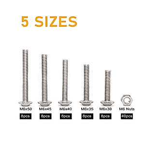 80pcs M6 x 30mm/ 35mm/ 40mm/ 45mm/ 50mm Flanged Button Head Hex Socket Cap Screws Nuts Assortment Kit, 80pcs, Allen Socket Drive, A2-70/18-8/304 Stainless Steel, Full Thread, Plain Finish
