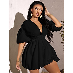 WDIRARA Women's Deep V Neck Puff Sleeve High Rise Flare Dress Elastic Waist Dress Black S