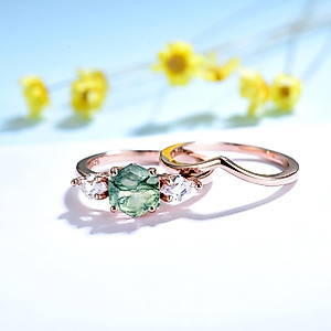 ITI KUOLOLIT Natural Moss Agate Gemstone Genuine 925 Sterling Silver Ring for Women Hexagon Cut Women's Ring Set for Engagement Wedding Jewelry (Moss Agate White, 5)