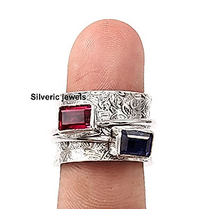 Blue Sapphire Red Ruby Spinner ring Gemstone Spinning Mantra Anxiety Texture ring 925 Silver jewelry (11)