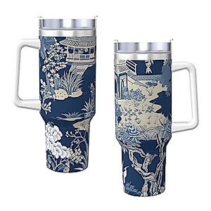Xiexide 40oz Fits Cup Holder Gifts Ancient Blue And White Chinese Style Chinoiserie Folk Double Walled Vacuum Insulatedith Handle And Straw,Hot & Cold Drinks
