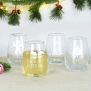 Set of 4 Christmas Stemless Wine Glass - Funny Christmas Themed Wine Glass for Holiday Party Decorative - Unique Christmas Gifts for Family Friends Coworkers or Daily Use 15 Oz