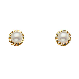 14k REAL Yellow Gold Freshwater Cultured Pearl & CZ Stud Earrings with Screw Back