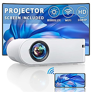 YABER Mini Projector with Screen, 1080P Full HD 8000L Outdoor Movie Projector, Portable WiFi Projector Compatible with TV Stick/iOS/Android/TV Stick/PC/PS5, for Home Theater & Outdoor Movies