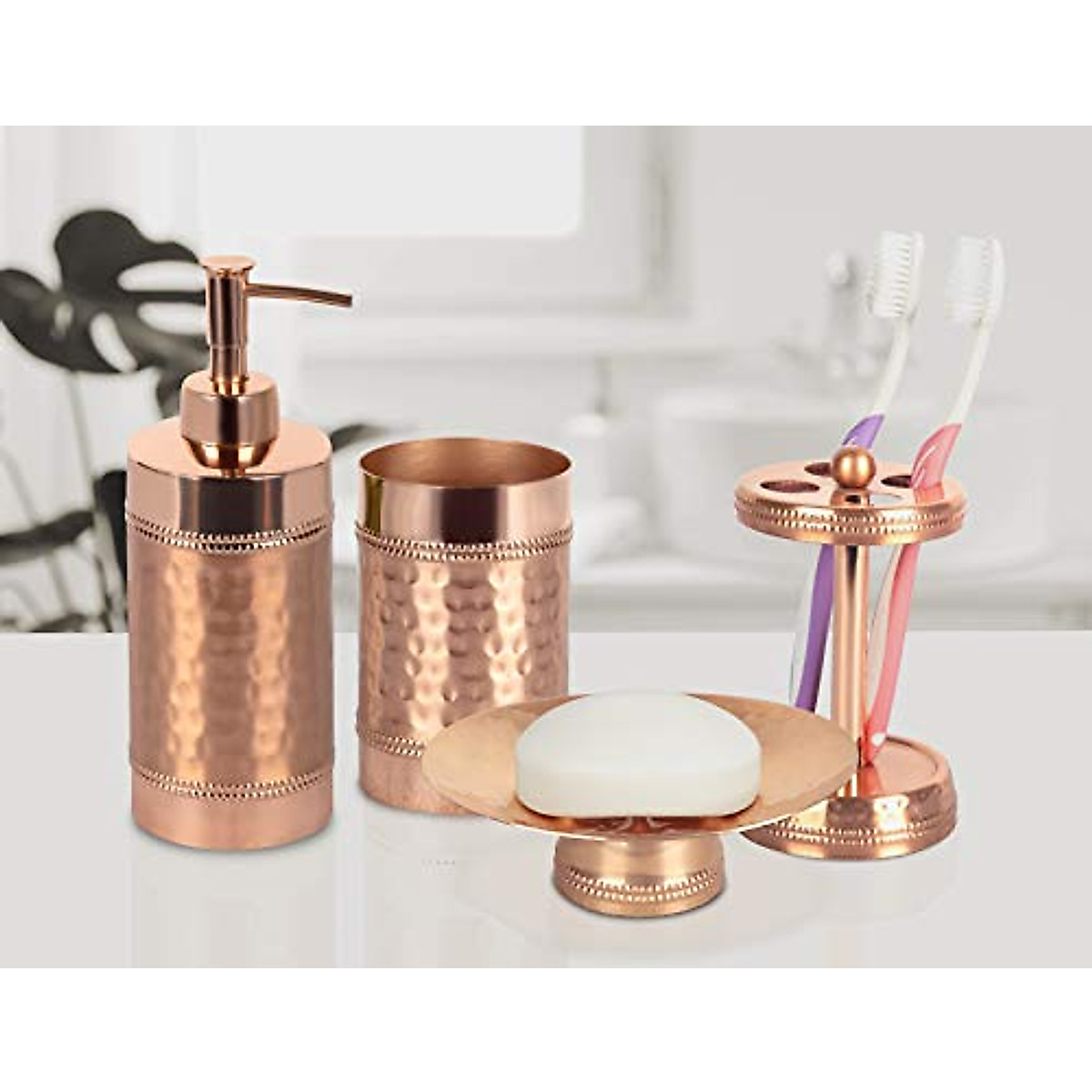 nu steel Hudson Copper finish Bath Accessory Set for Countertop, 4 pcs Luxury Ensemble-Soap Dish, Toothbrush Holder, Tumbler, soap Pump