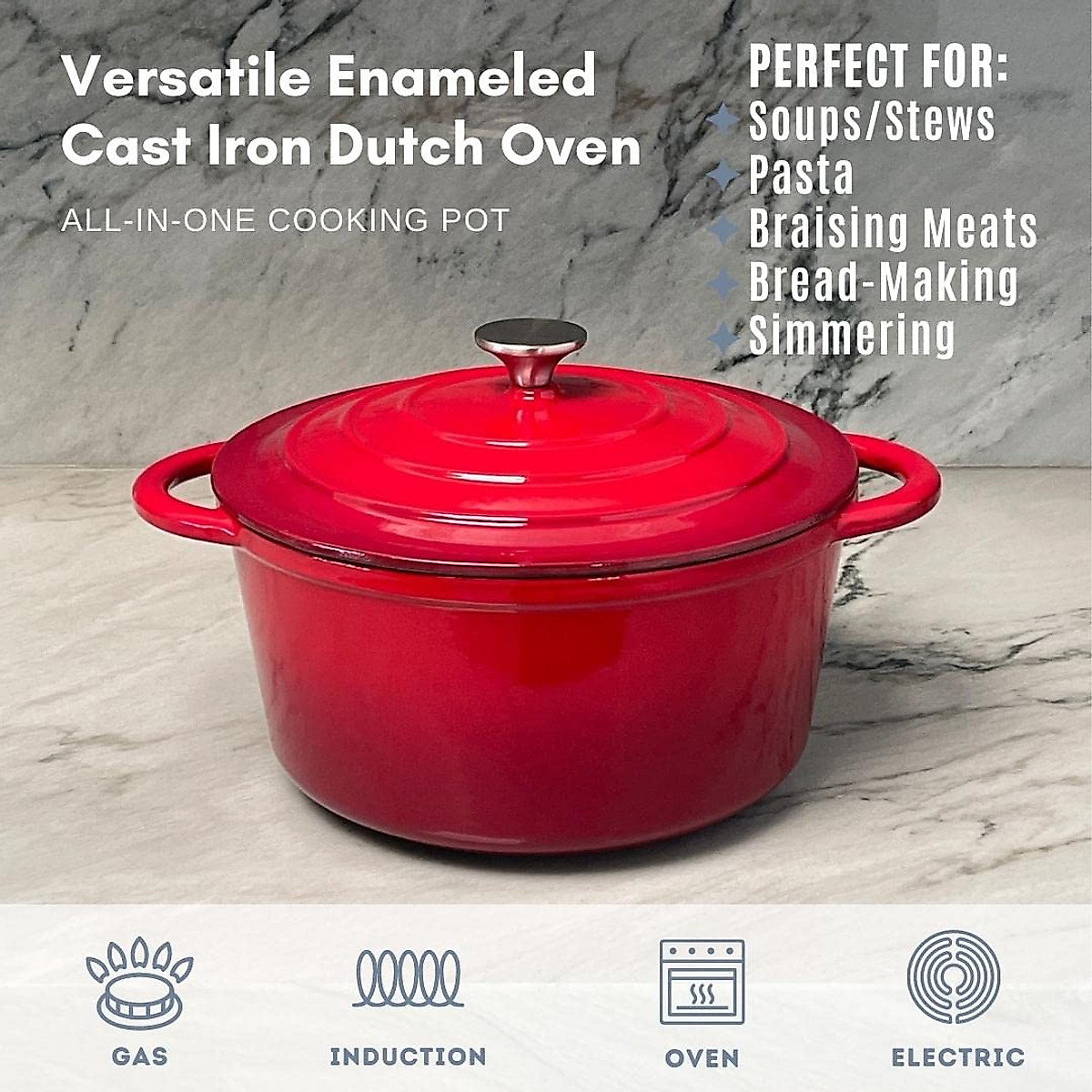 Lexi Home Enameled 3 Qt. Cast Iron Dutch Oven - Red