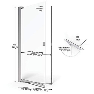 Basco Armon 31.75 to 33.25 in. width, Semi-Frameless Pivot Shower Door, Clear Glass, Chrome