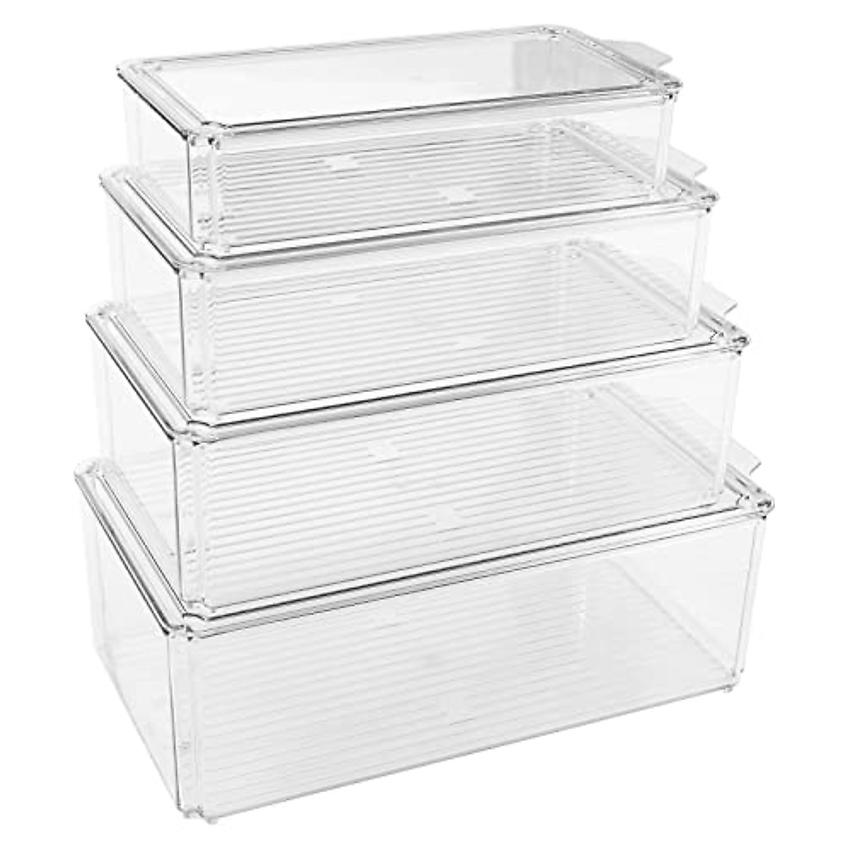 Modern-Depo Pack of 4 Refrigerator Organizer Bins with Lids Clear Food Storage Containers Stackable Kitchen Organization Box for Freezer