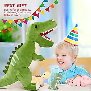 MorisMos Dinosaur Stuffed Animal with Babies,23.6'' Big T-Rex Mommy Stuffed Dinosaur with 3 Baby Dinosaur Plush Toys, 3 Dinos Eggs,Boy Girl Dinosaur Toys for Kid Birthday Christmas,Green T-rex Toys