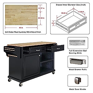 Rolling Kitchen Island Cart with 5 Universal Wheels and 5 Solid Wood Cabinet Feet,Greenguard Gold Certified,Kitchen Island with Rubberwood Drop Leaf-Mobile Kitchen Island with Storage and Drawer,Black