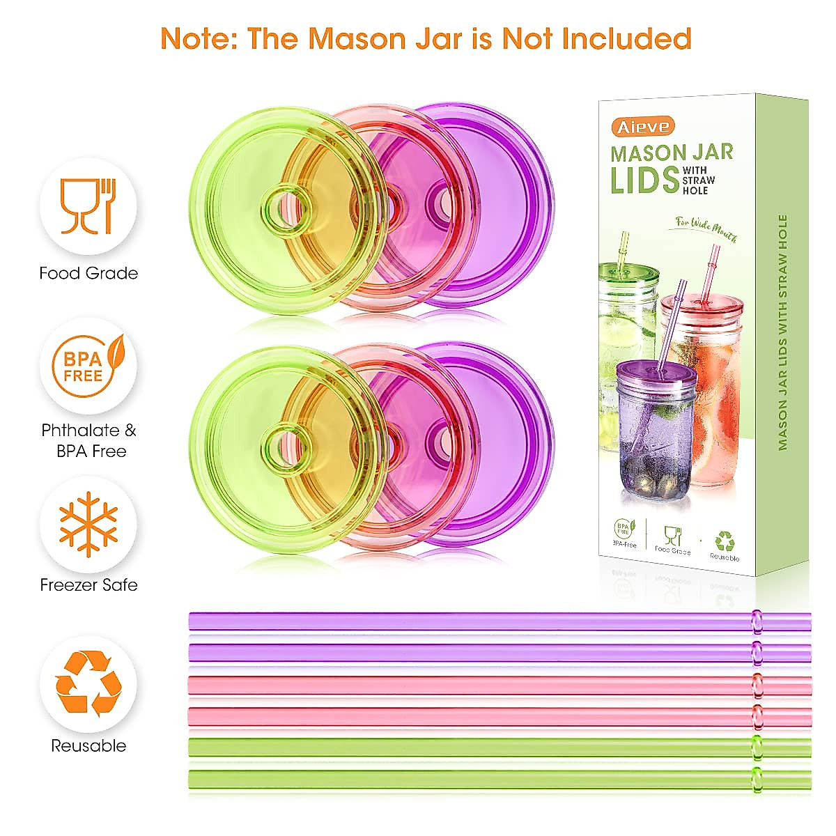 Aieve Mason Jar Lids with Straws, 6 Pcs 16oz 24oz Wide Mouth Mason Jar Drinking Lids with Straw Hole, Mason Jar Straw Lids with 6 Pcs Straws (Jar is NOT included)