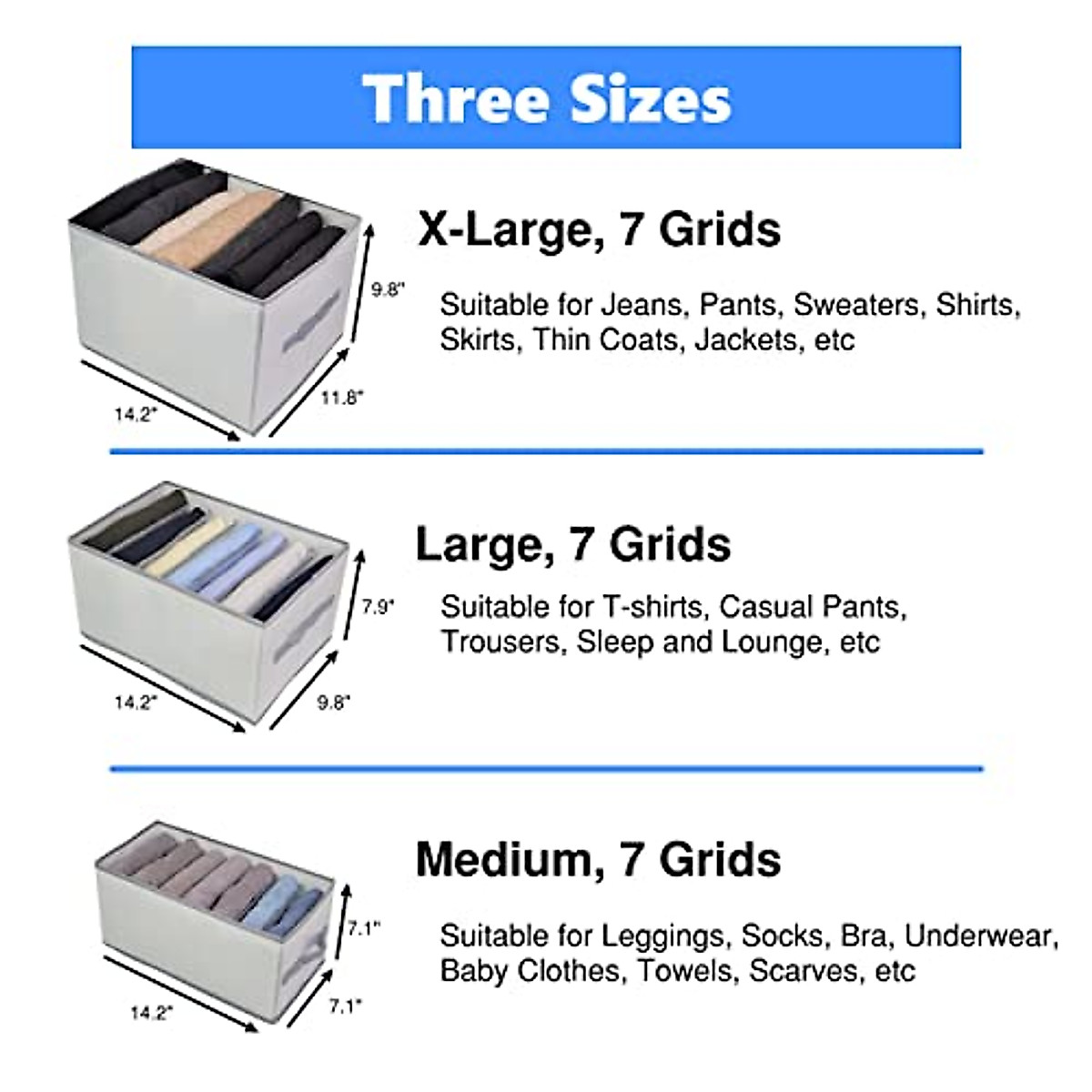 4 Packs (Light Gray), Upgraded Sturdy Wardrobe Clothes Organizer, Build in PP Board, 7 Grids Storage Box, Washable Clothes Organizer for Folded Clothes, Sweater/Shirts/Pants/Jeans Organizer - XL(1pcs), L(1pcs), M(2pcs)