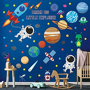 DECOWALL DS9-8058 Outer Space Wall Decals Stickers Kids Bedroom Room décor Nursery Boys Galaxy Stars Astronaut Planets Solar System Dark Removable Decoration Living Spaceship Window Art Mural Peel
